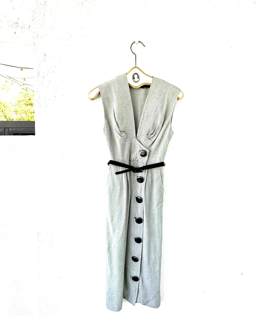 Vintage 1940s Wiggle Dress Bug Button 50s Gray Dress With Velvet Belt ...