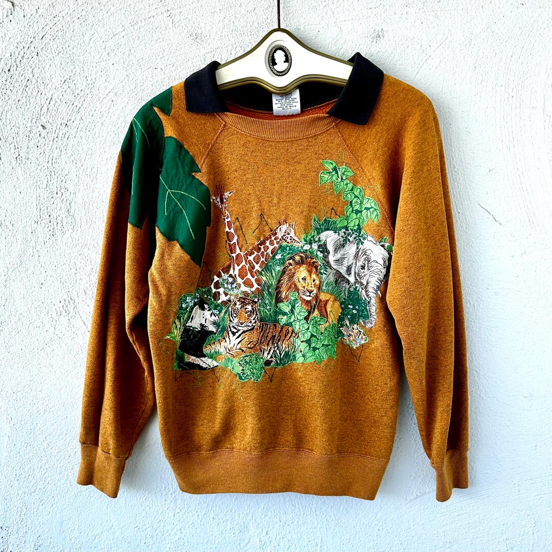 Vintage 90s Embroidered Animals Patchwork Sweatshirt 1990s Collared Zoo ...