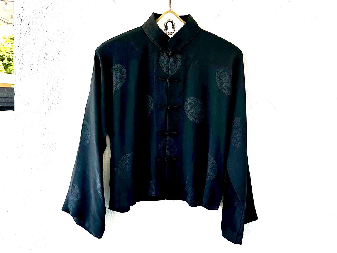 Vintage Chinese Mandarin Jacket Top Bell Sleeve Black Lightweight Shirt ...