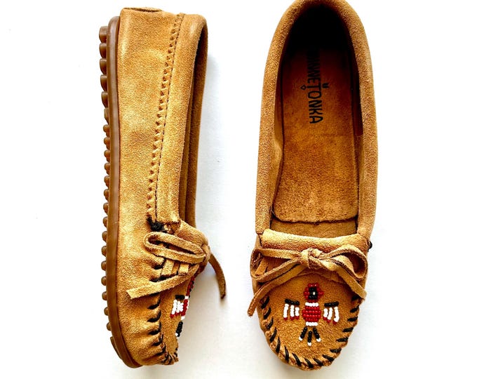 Vintage Minnetonka Moccasins New Suede Leather Beaded Thunderbird ...