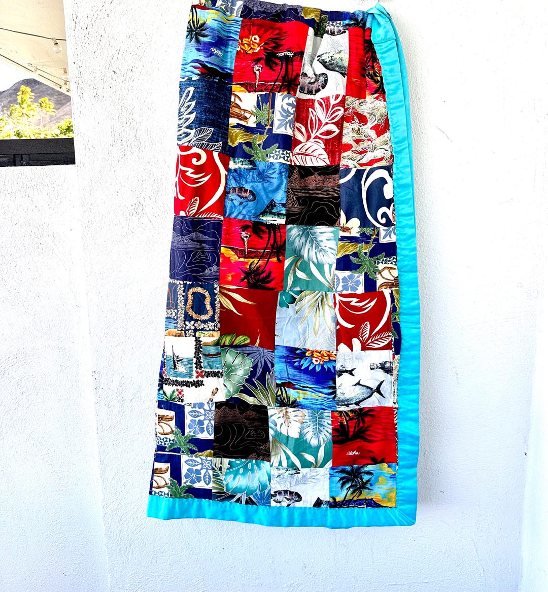 Vintage Hawaiian Patchwork Quilt Hawaii Floral Baby Blanket Fish Blue ...