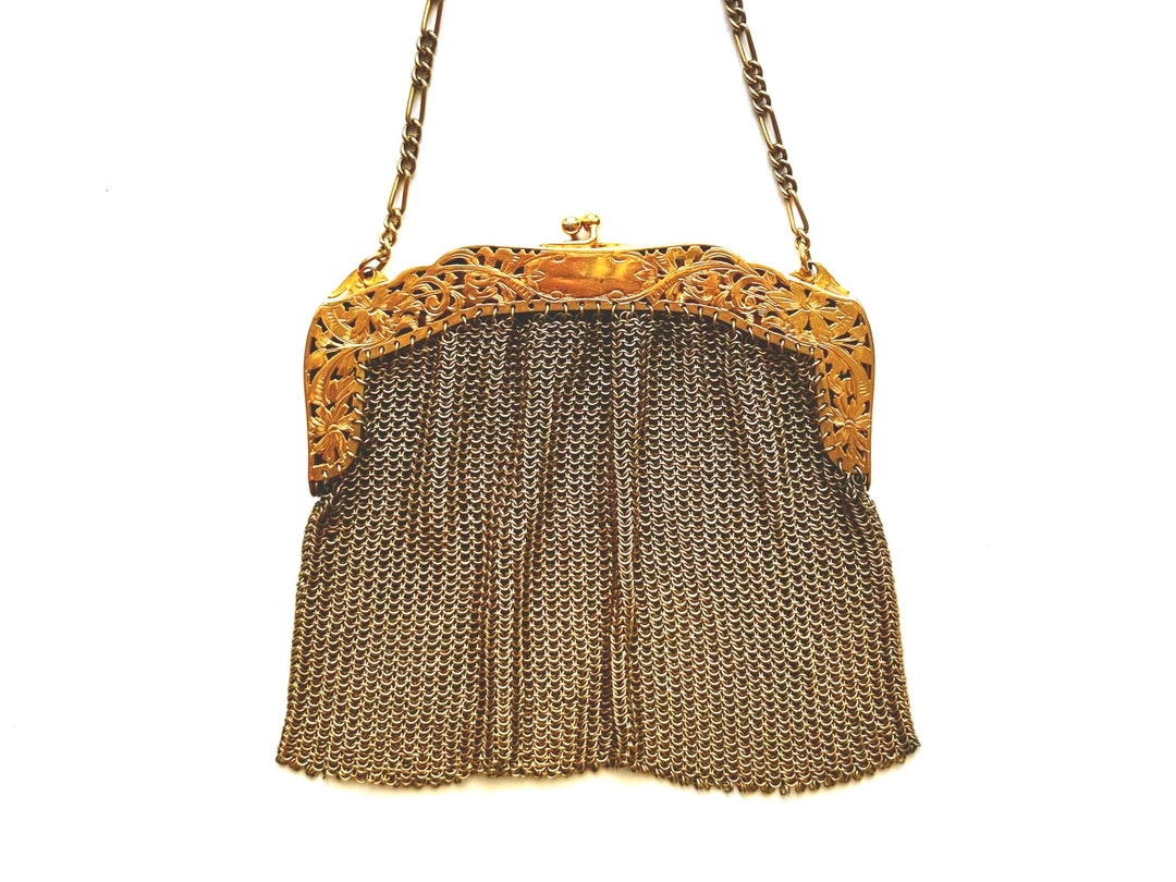 Antique Art Deco Sterling Silver Chain Mesh Bag Gold Wristlet Handbag ...