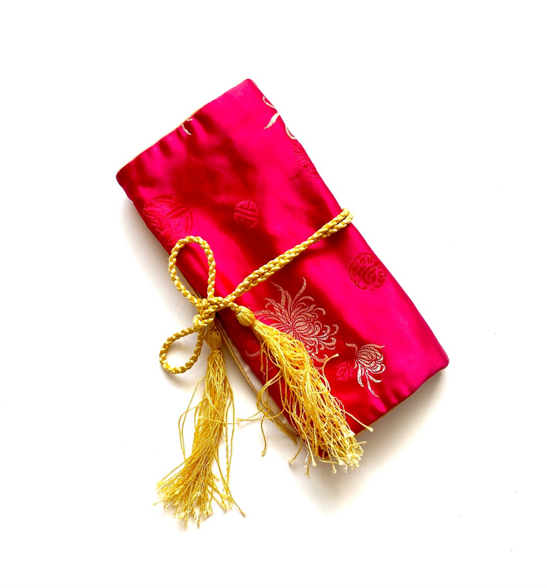 Vintage Asian Brocade Jewelry Roll Pink Floral Accessories Travel Pouch ...