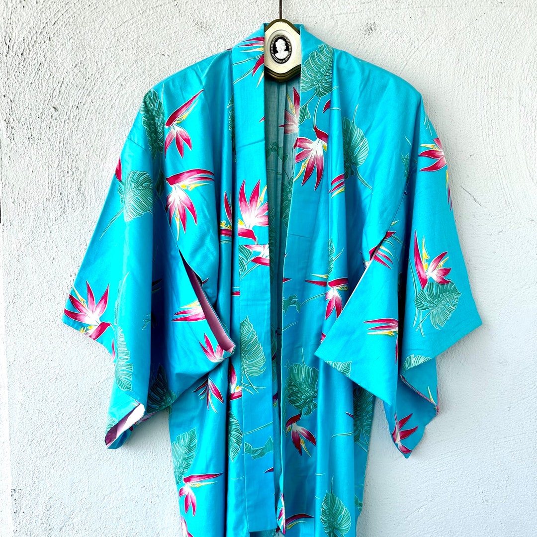 Vintage Japanese Hawaii Floral Kimono // Blue Tropical Long Duster ...