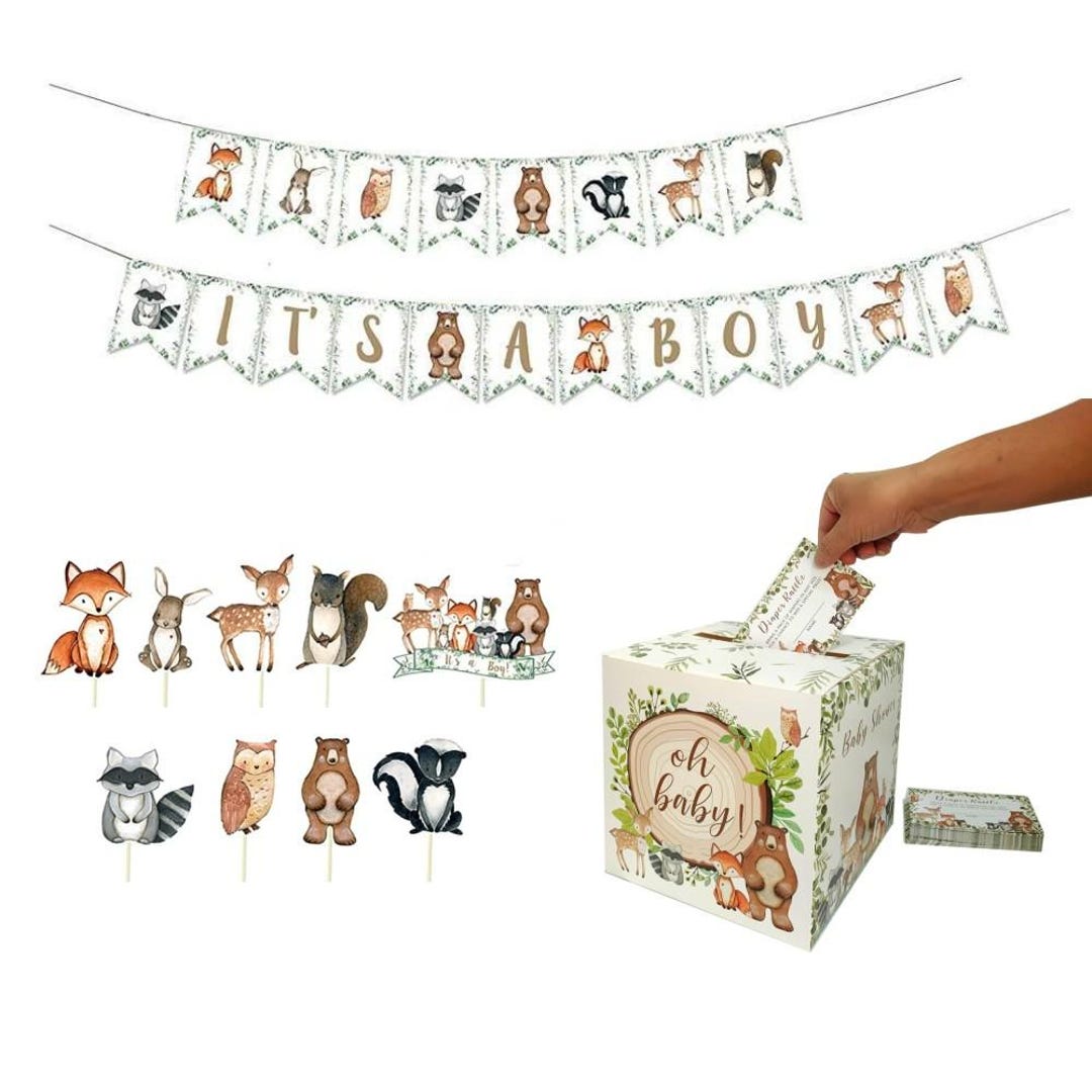 Woodland Baby Shower Diaper Raffle Box Kit: Banner, Topper & Cutouts - Etsy