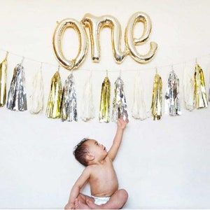 One Gold Script Balloon Banner, One Gold Balloon, One First Birthday ...