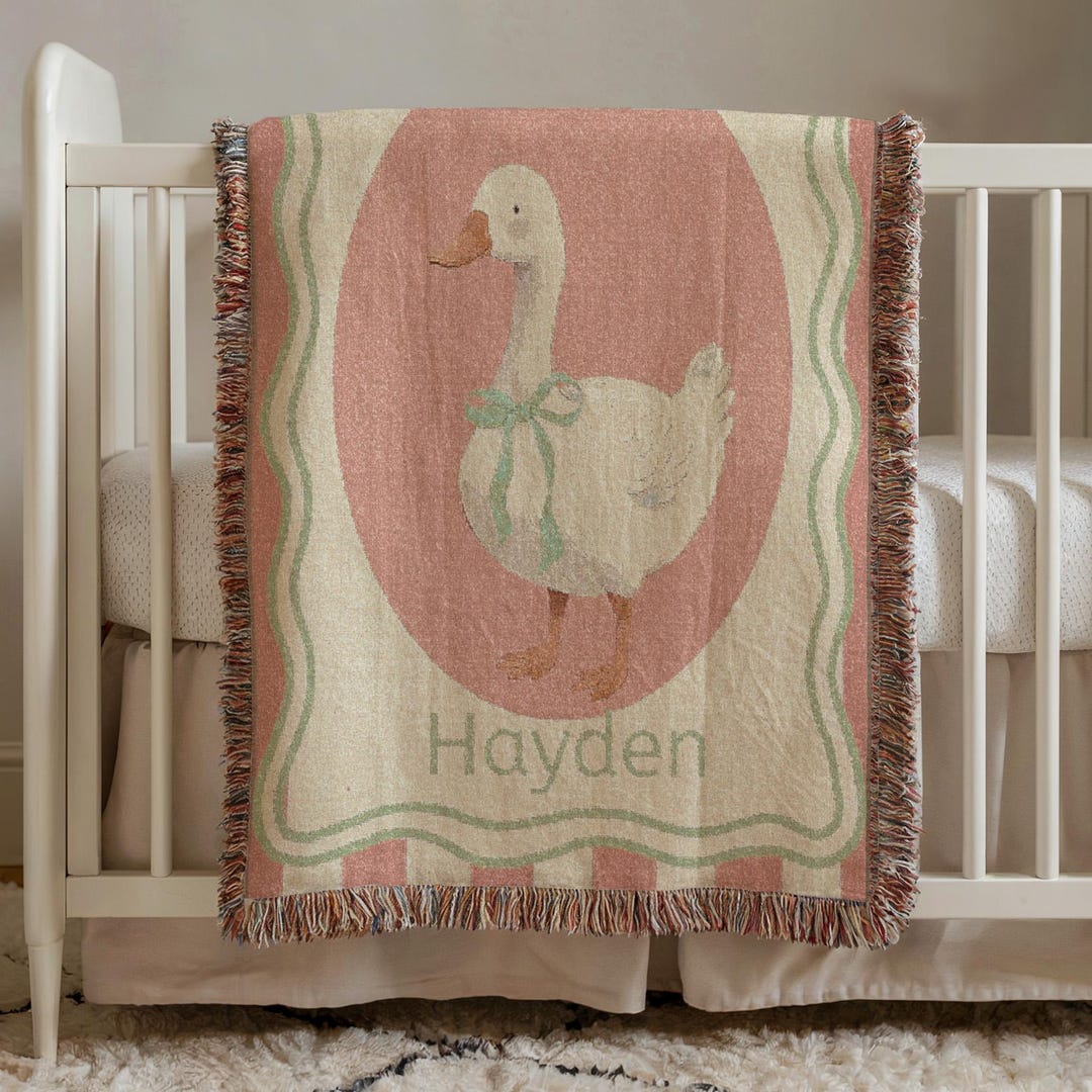 Vintage Goose Illustration Woven Blanket | Personalized Name, Pastel ...