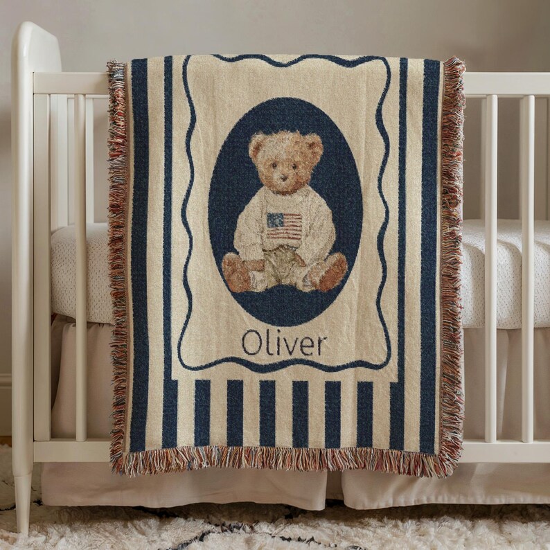 Personalized Teddy Bear Woven Blanket | Striped Nursery Throw, Name ...