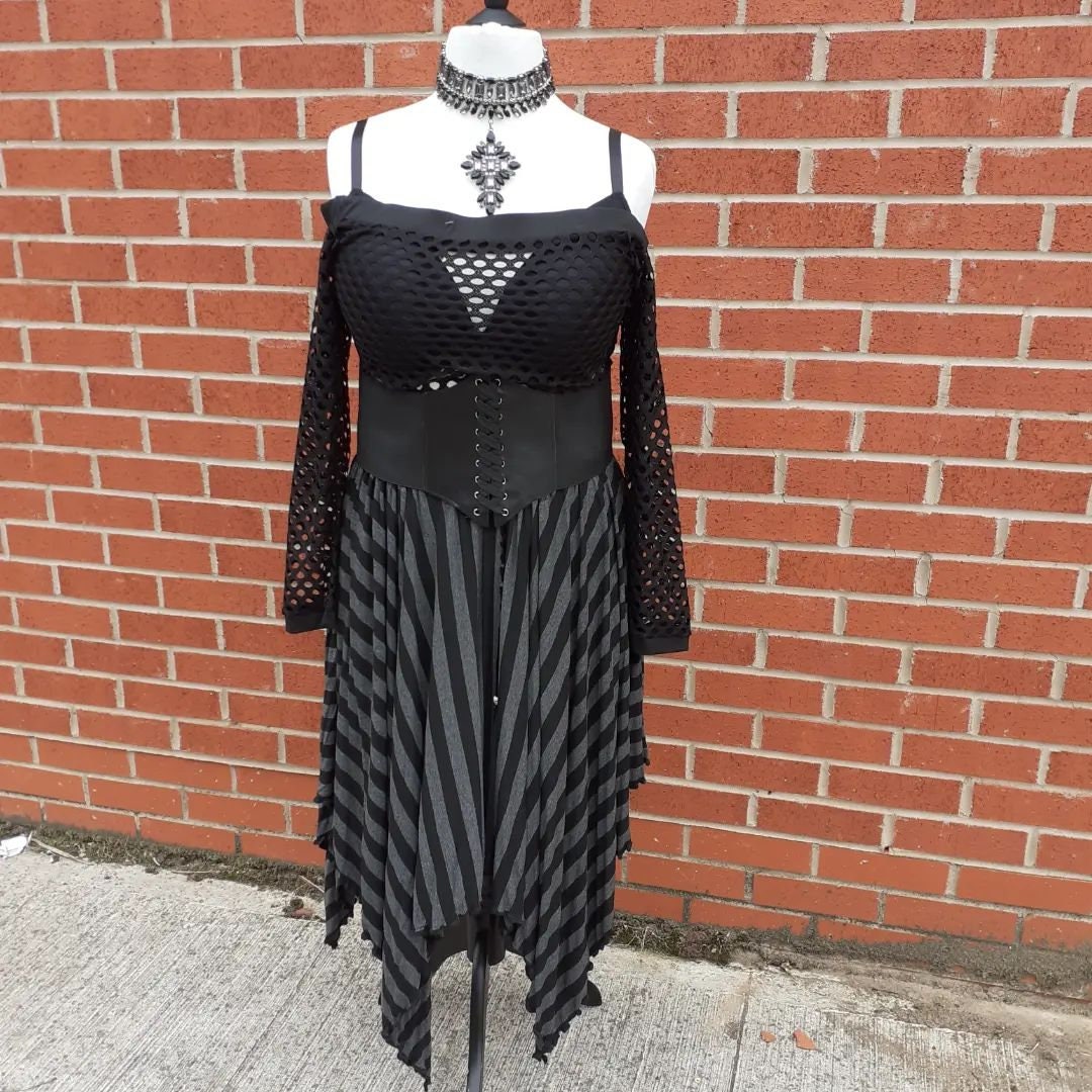Ready Made Grey and Black Striped Jersey Hanky Hem Skirt: Goth, Gothic ...