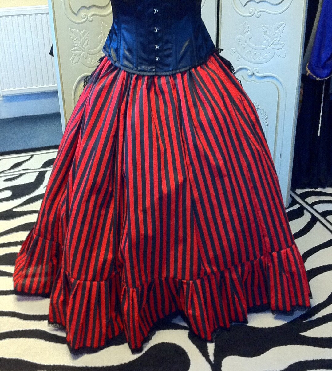 Full FRILLED Black & Red Polycotton Striped Skirt, Goth, Gothic ...