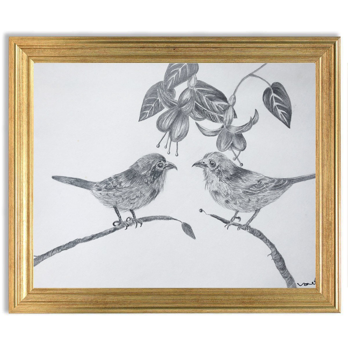 graphite art Frame option available. Drawing of two birds Pet Supplies ...