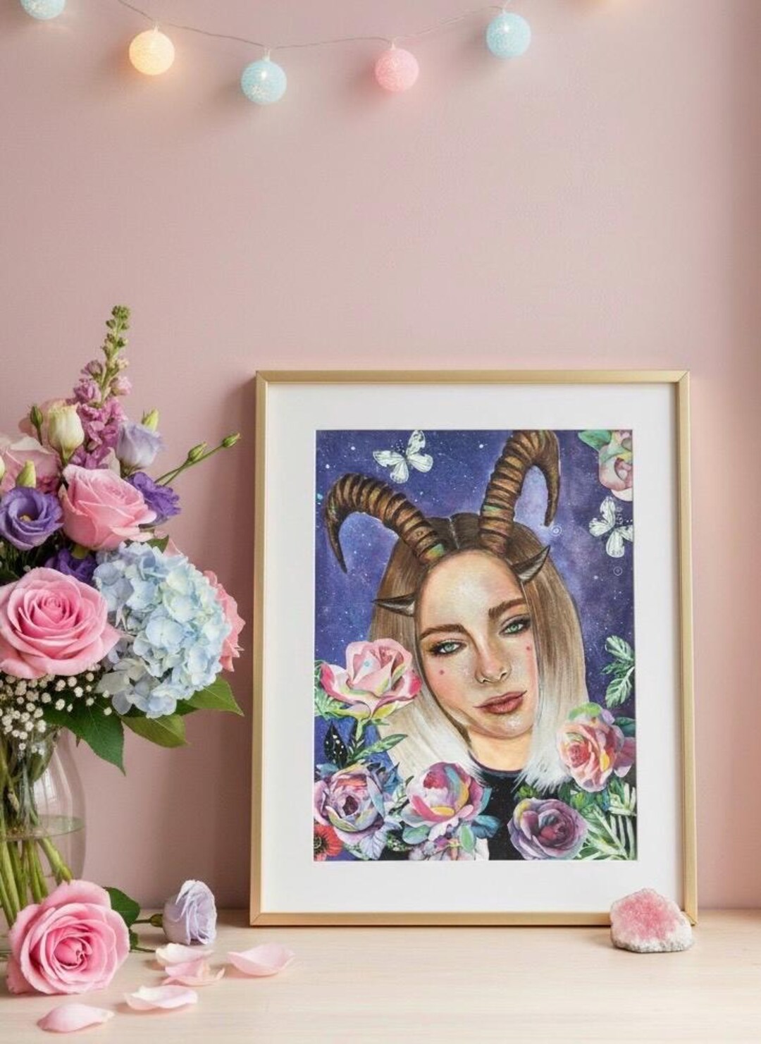 Capricorn Girl Portrait: Zodiac Fantasy Illustration, Acrylic & Collage ...