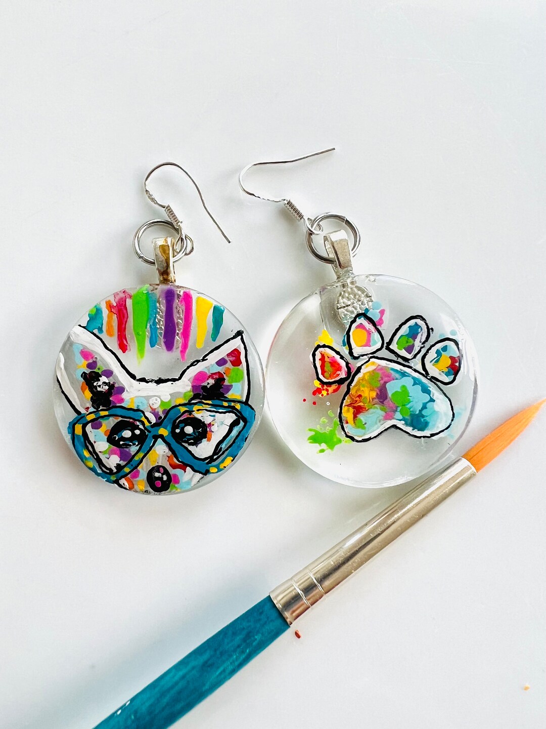 Hand-painted Dog & Paw Earrings: Colorful Acrylic Art - Etsy