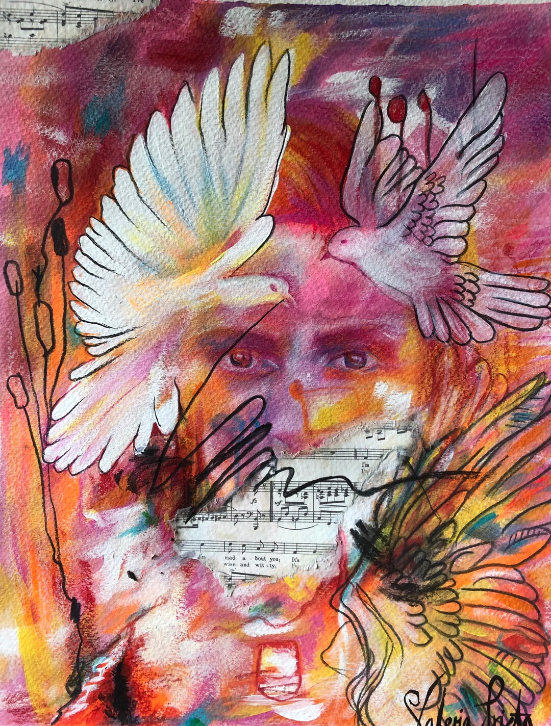 Doves Pink Dream Portrait: Contemporary Acrylic Painting (12x16”) - Etsy