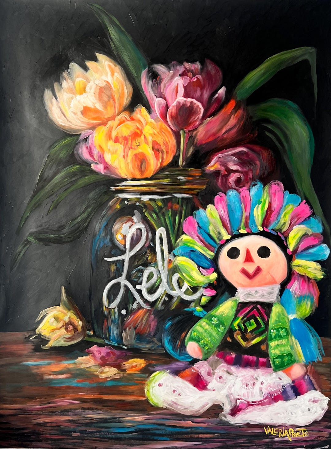 Lele Doll and Tulips Oil Painting: Mexican Folk Art on Canvas (36x48 ...