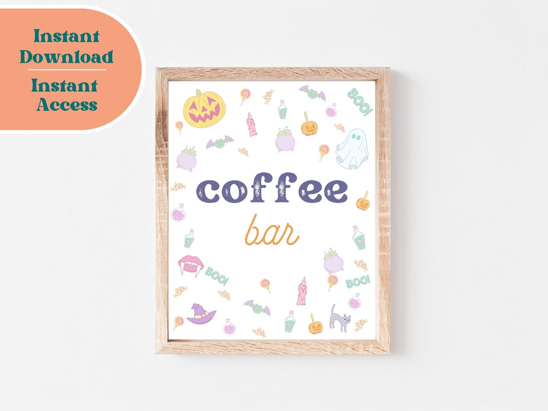 Coffee Bar Printable Sign, Drink Table Printable Sign, Halloween Party Coffee Bar Sign, Pastel ...