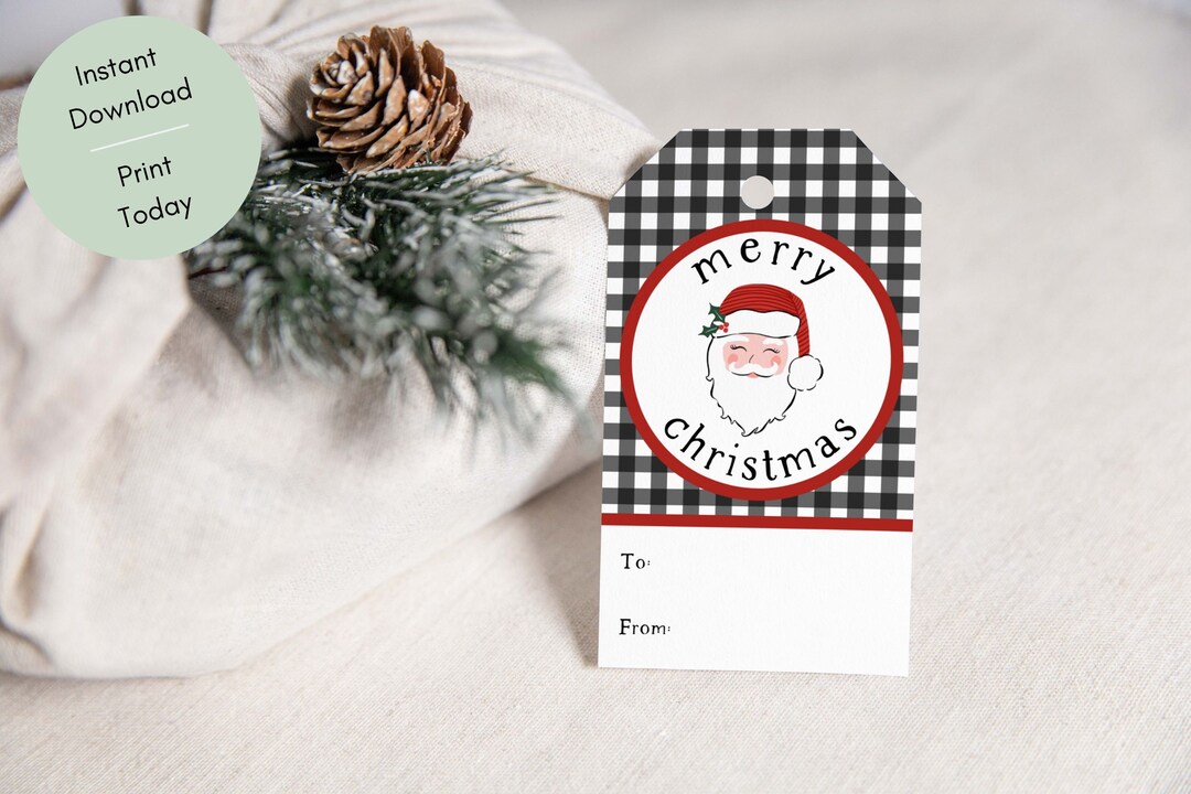 Christmas Gift Tags, Printable Gift Tags, Black and White Buffalo Check ...