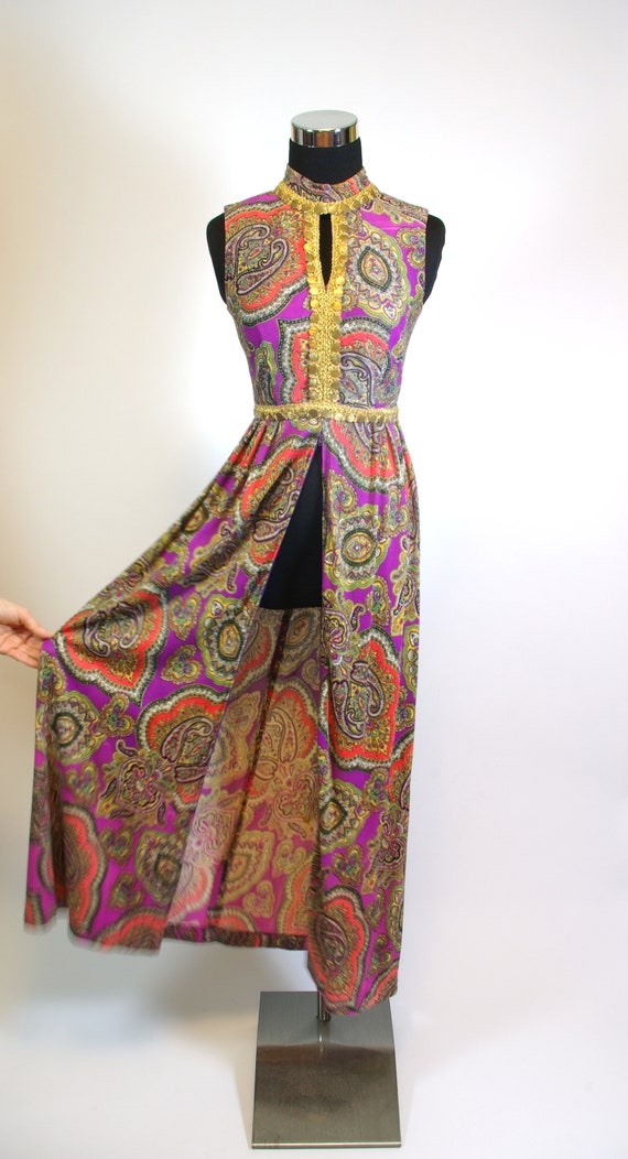 Psychedelic Maxi Dress with Gold Trim Keyhole Bodice … - Gem