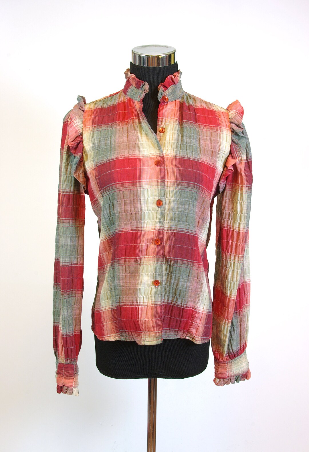 80s Ruffled Plaid Button Front Long Sleeve Blouse 80s Does Victorian - Etsy