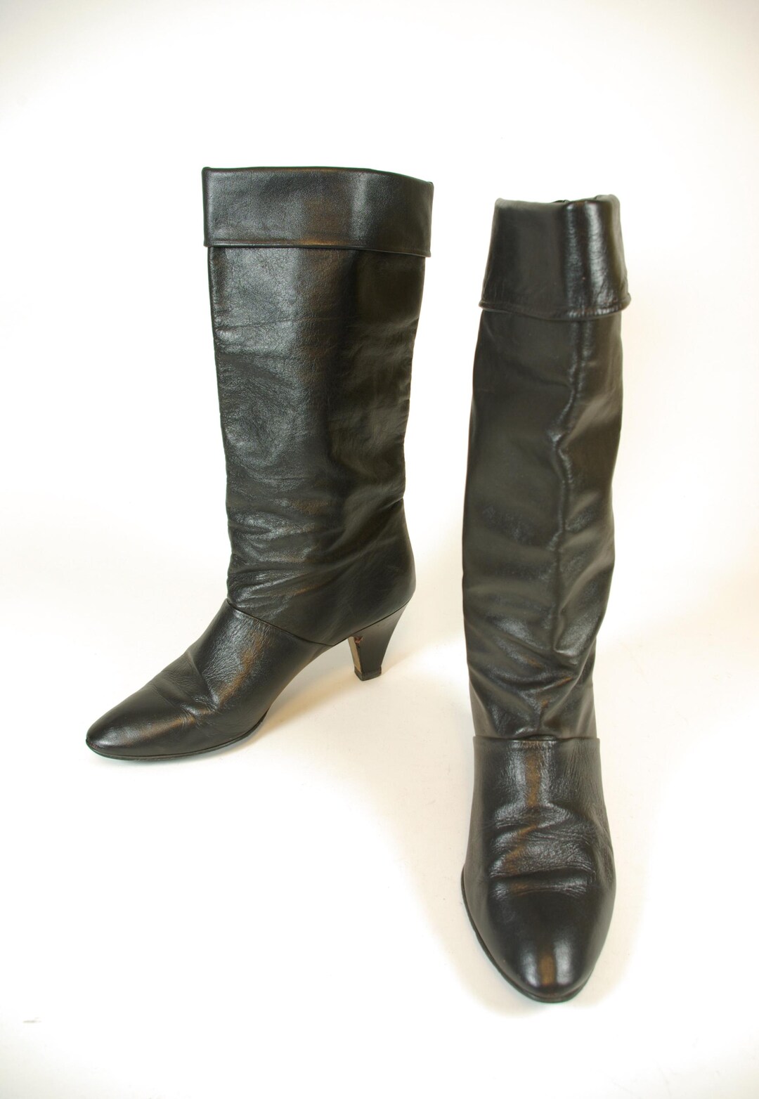 Black Foldover Pirate Boots 80s Leather Kitten Heel Boots 8N US Joyce ...