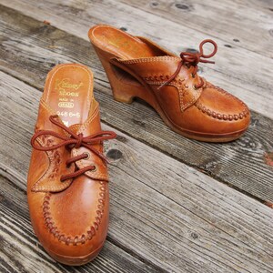 Cutout Platform Clogs Kinney 70s High Heel Mules Wood and Leather ...