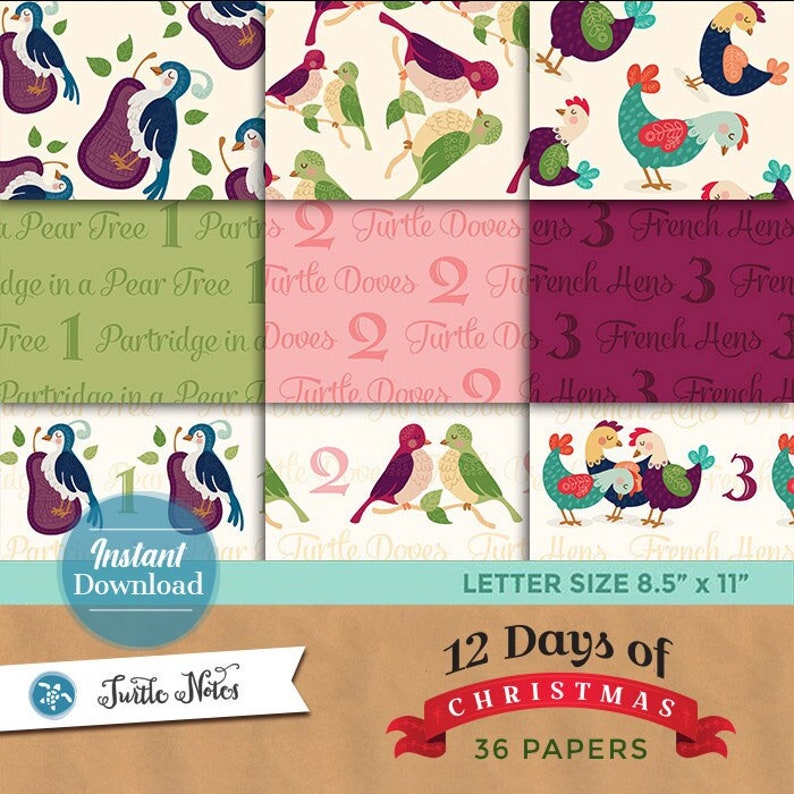 Twelve Days of Christmas Digital Paper Pack: Folk Art Scrapbook, 36 ...