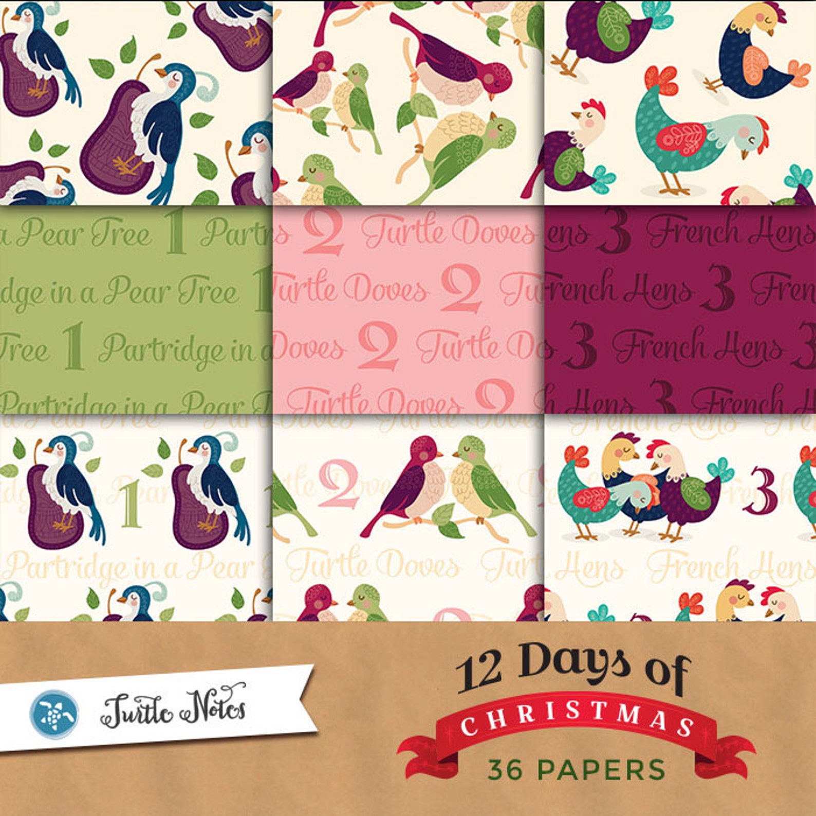 Twelve Days of Christmas Digital Paper Pack: Folk Art Scrapbook, 36 ...