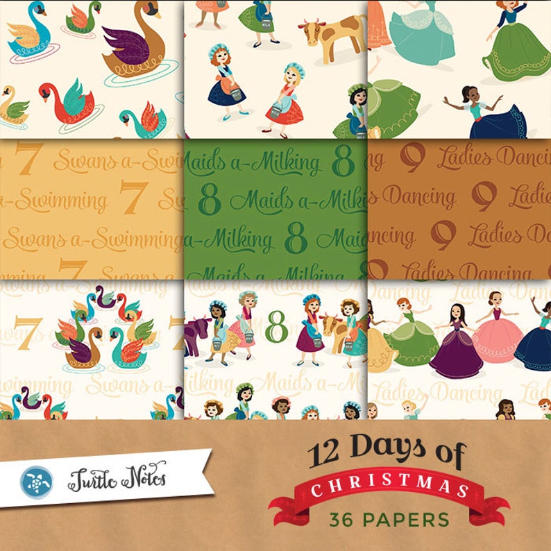 Twelve Days of Christmas Digital Paper Pack: Folk Art Scrapbook, 36 ...