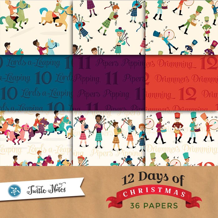 Twelve Days of Christmas Digital Paper Pack: Folk Art Scrapbook, 36 ...
