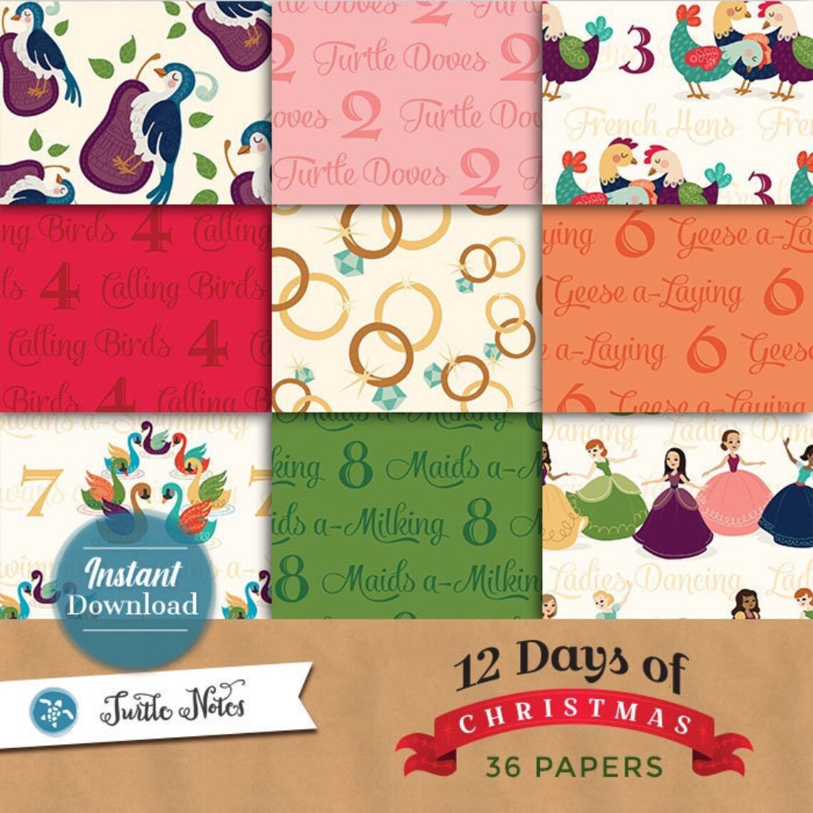 Twelve Days of Christmas Digital Paper Pack: Folk Art Scrapbook, 36 ...