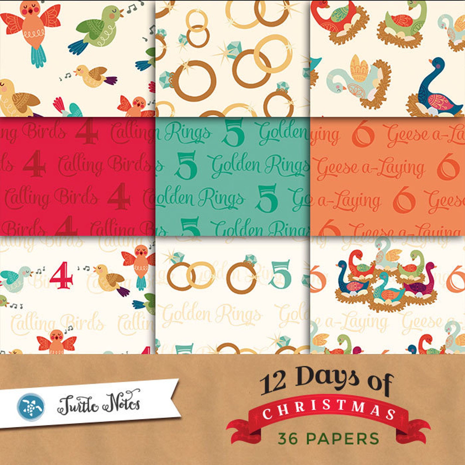 Twelve Days of Christmas Digital Paper Pack: Folk Art Scrapbook, 36 ...