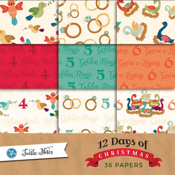 Twelve Days of Christmas Digital Paper Pack: Folk Art Scrapbook, 36 ...