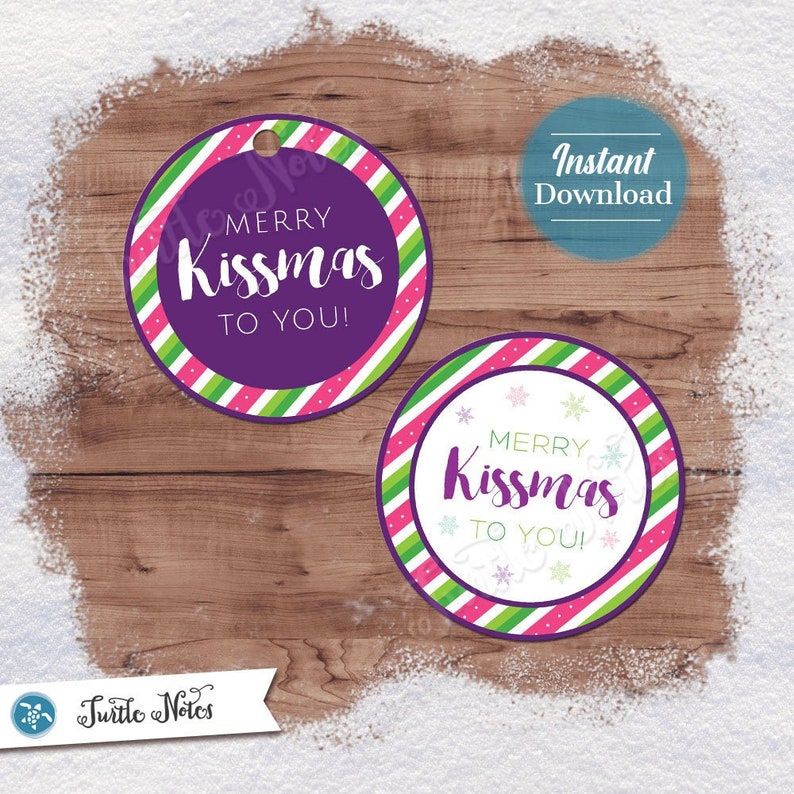 2 Printable Merry Kissmas Gift Tags | 3" Purple, Pink, and Green Stripe ...