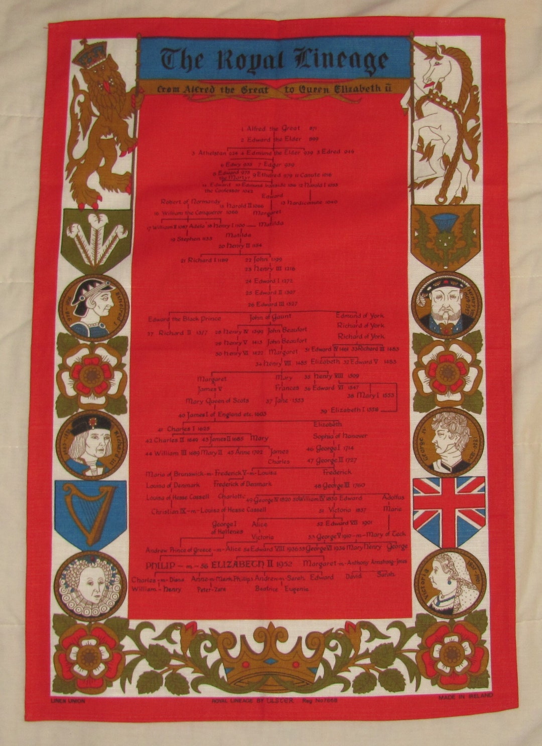 Vintage the Royal Lineage Ulster Tea Towel From Alfred the Great to ...