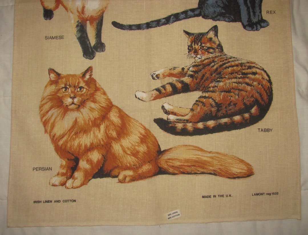 Vintage Lamont Linen Tea Towel - House Cat Breeds - Persian, Tabby ...