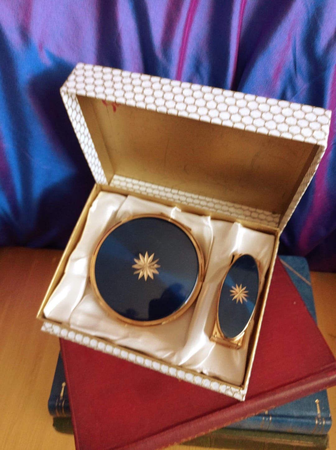 Blue and Gold Powder Compact & Lipstick Mirror and Holder. Stratton of ...