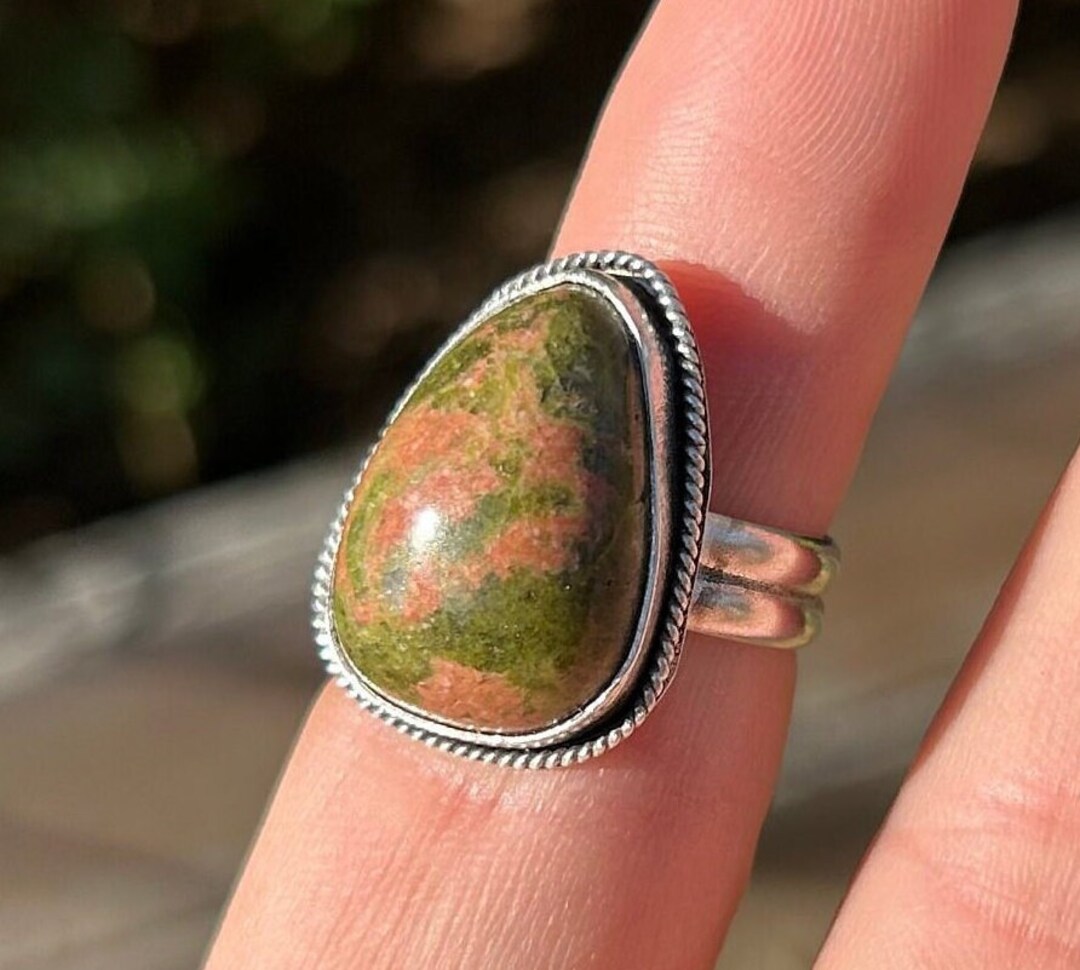 Unakite Green Orange Olive Handmade Sterling Silver Ring Stacked Band ...