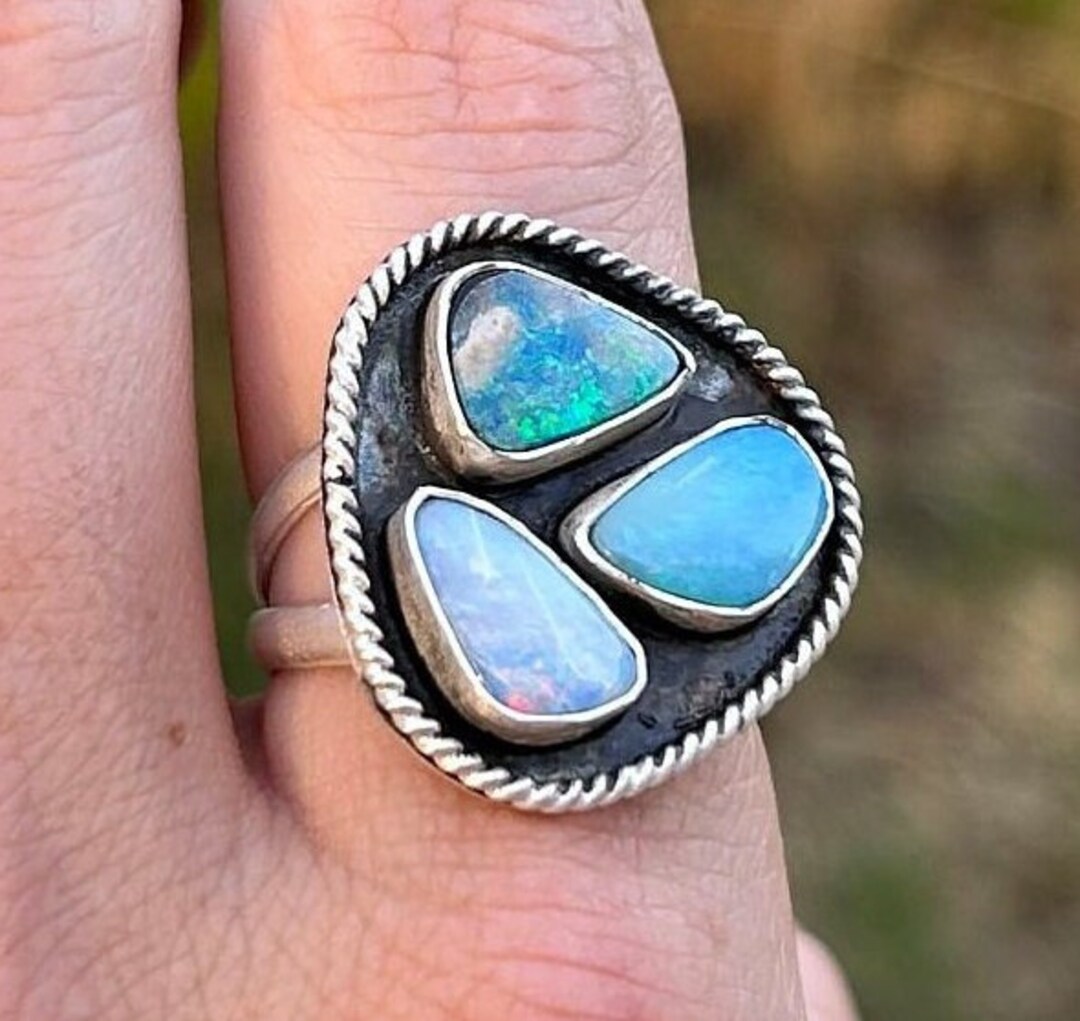 Australian Lightning Ridge Opal Triple Ring Double Band Trio Southwestern Shadowbox Handmade ...