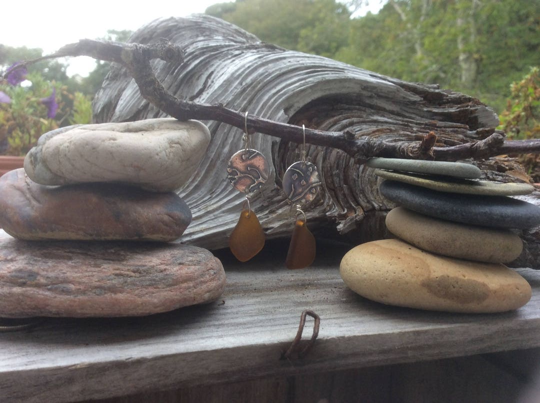 Sterling Silver Seaweed Disc With Honey Beach Glass Earrings - Etsy
