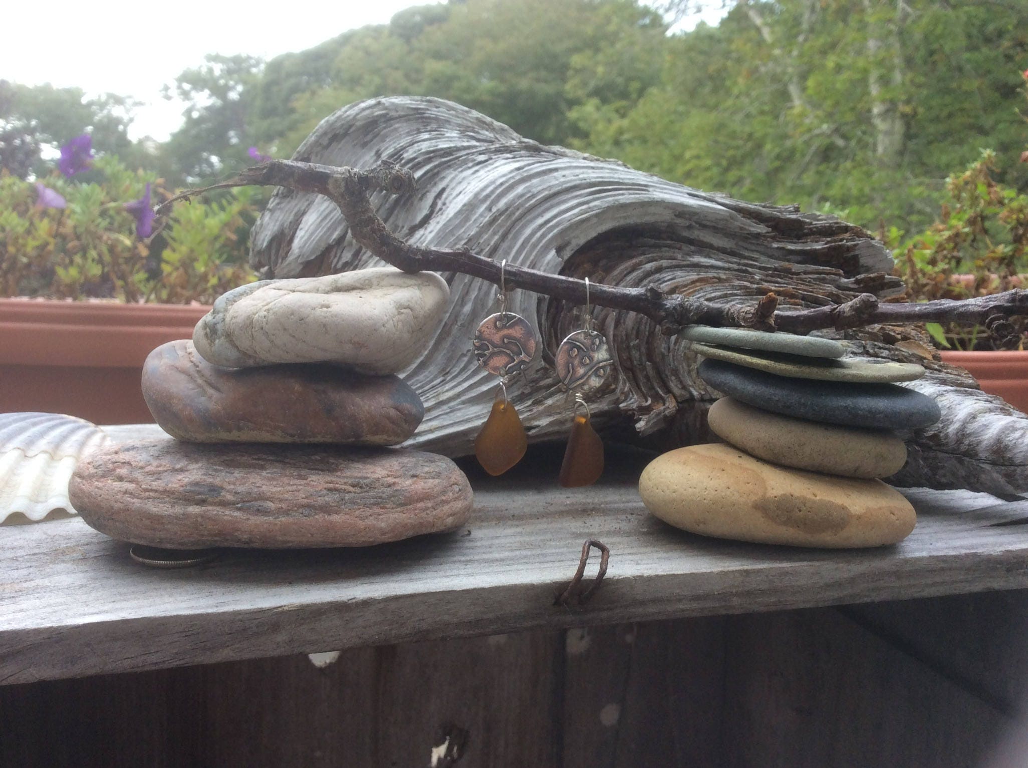 Sterling Silver Seaweed Disc With Honey Beach Glass Earrings - Etsy