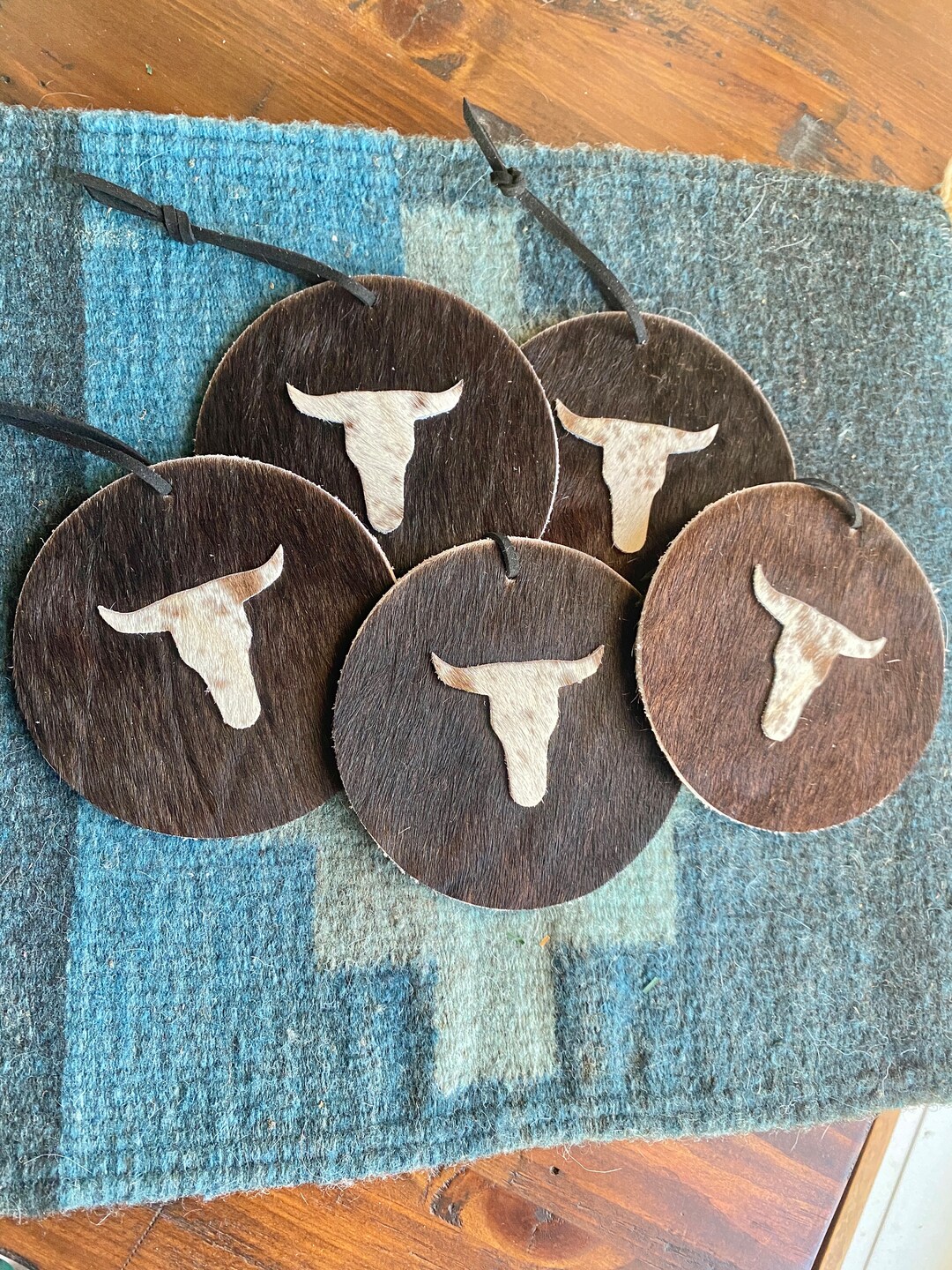 Set of 5 Longhorn Cowhide Christmas Ornaments, Western Ornament ...