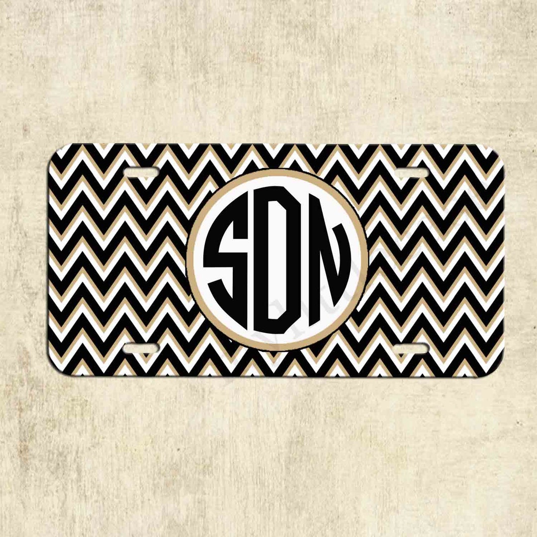 Monogrammed License Plate Black Gold Chevron Personalized License Plate ...