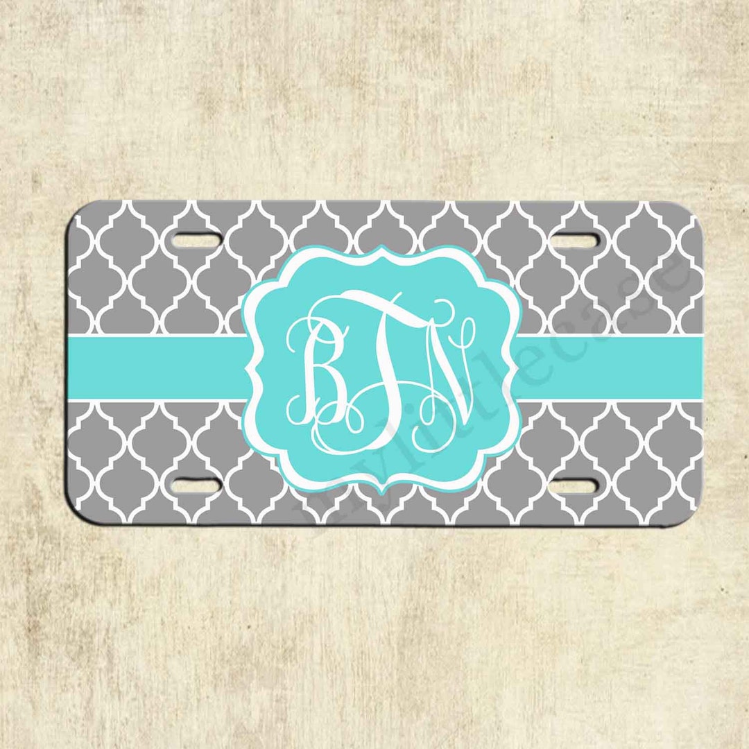 Monogram License Plate Grey Lattice Teal Blue License Plate ...