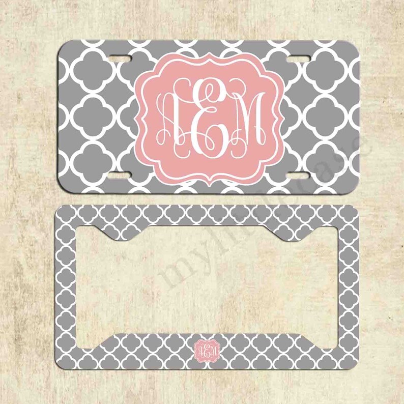 License Plate Monogram Grey Pink Lattice Personalized | Etsy