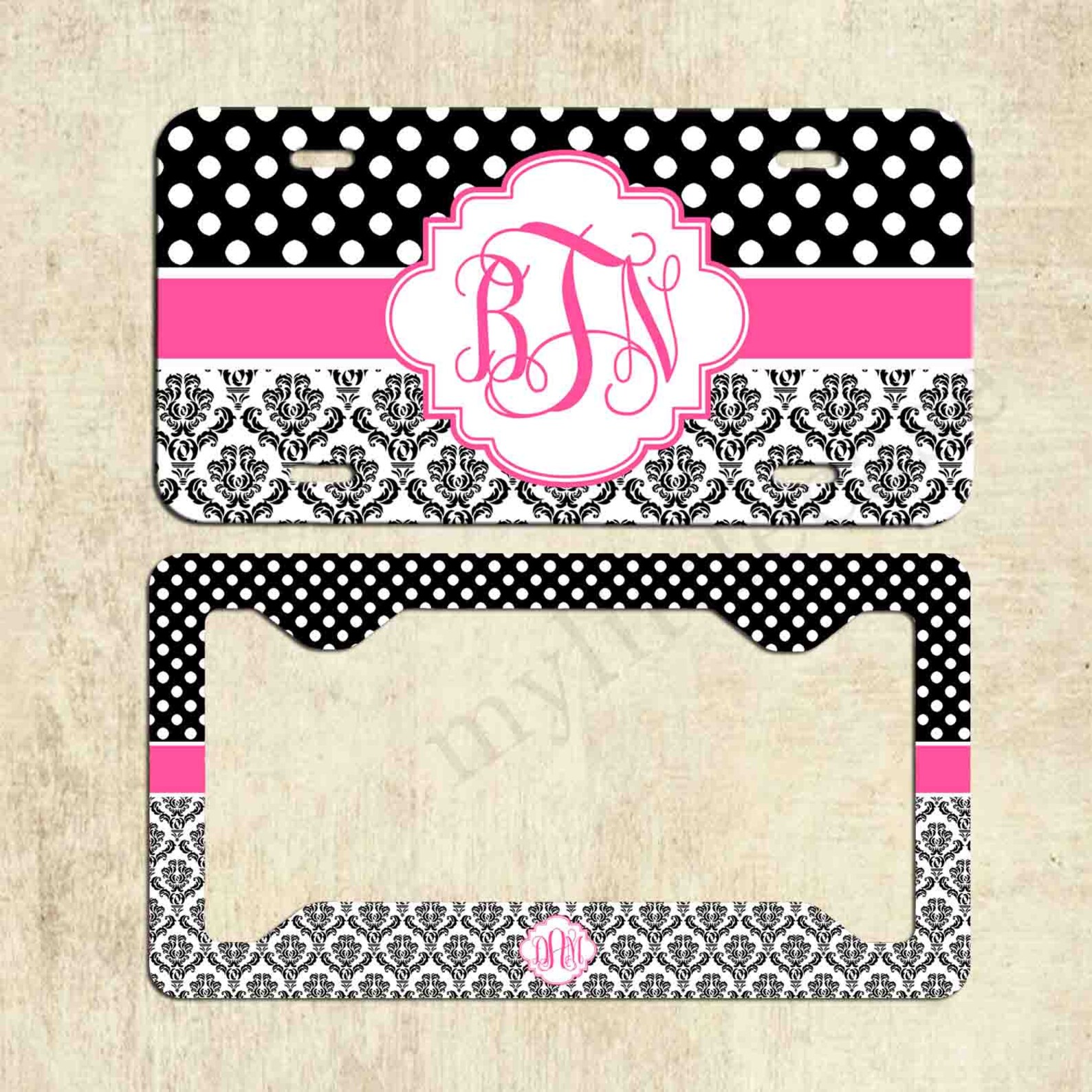 Monogram License Plate Frame Polka Dot Damask Personalized - Etsy