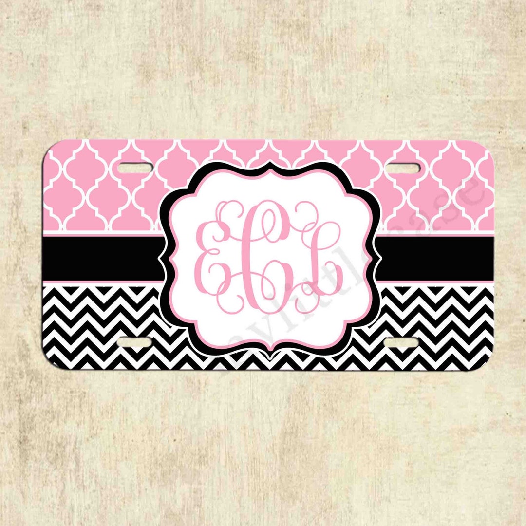 Monogram License Plate Pink Lattice Black Chevron Personalized License ...