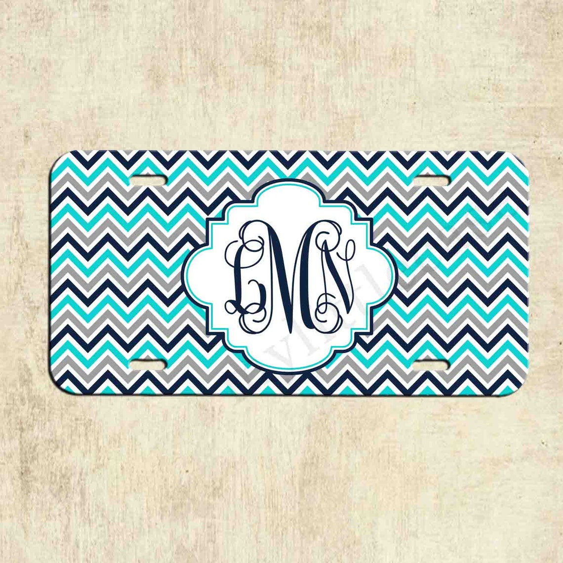Monogram License Plate Teal Navy Grey Chevron License Plate | Etsy