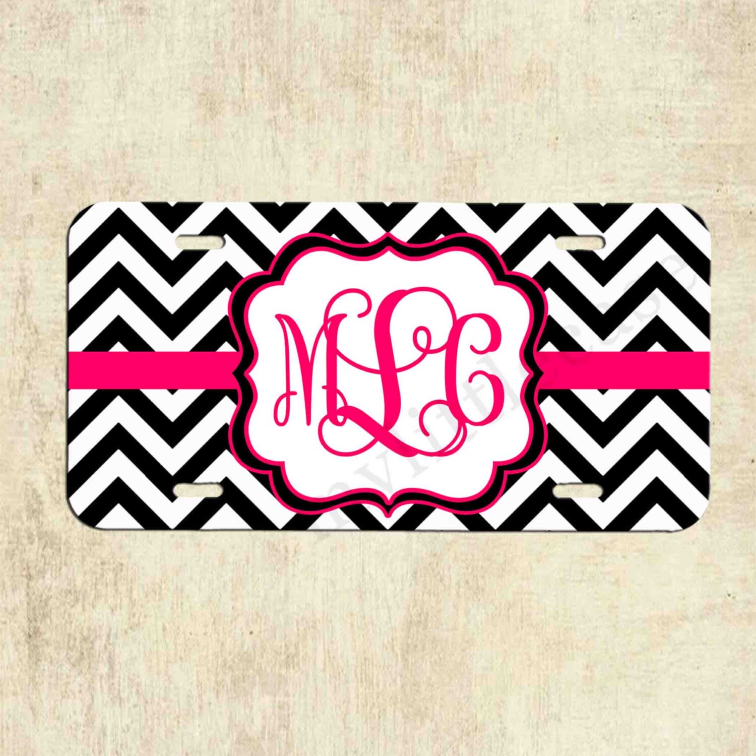 License Plate Monogram Black Pink Chevron Personalized | Etsy