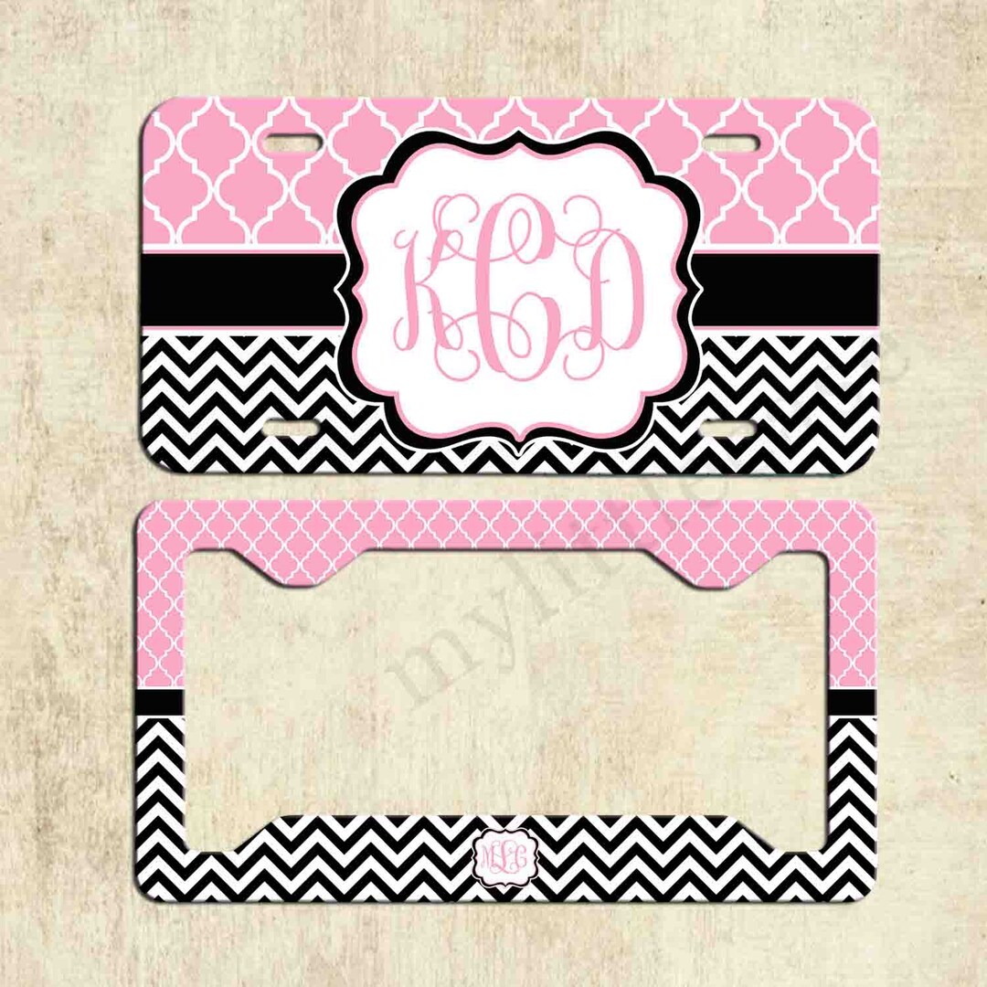 Monogram License Plate Frame Pink Lattice Chevron Personalized License ...