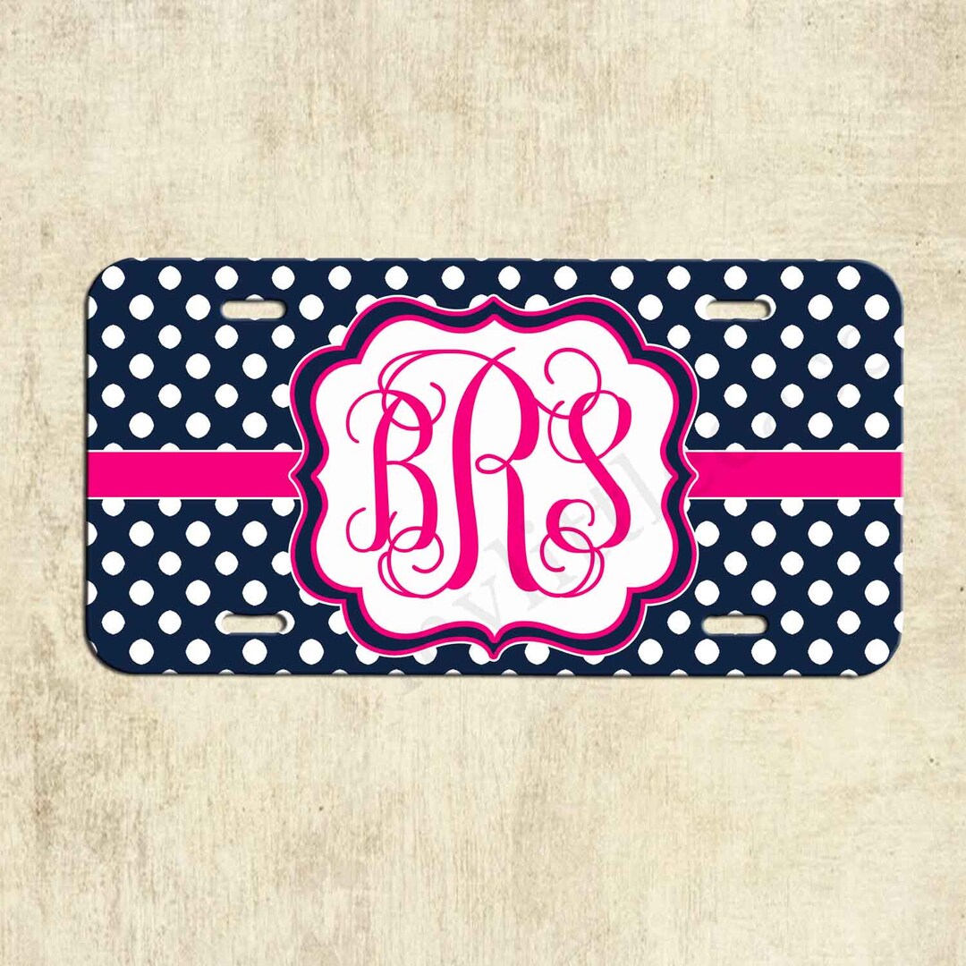 Monogram License Plate Navy Pink Polka Dot License Plate Personalized ...